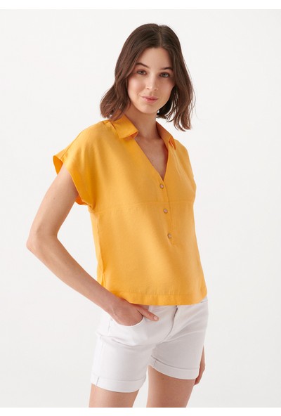 Mavi Sırt Detaylı Turuncu Bluz