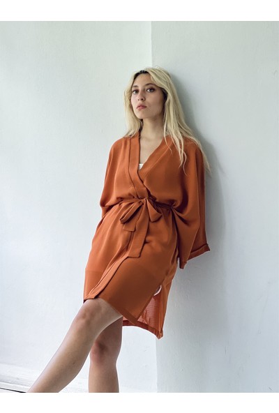 Retrobird Kadın Kiremit Rengi Kuşaklı Kimono