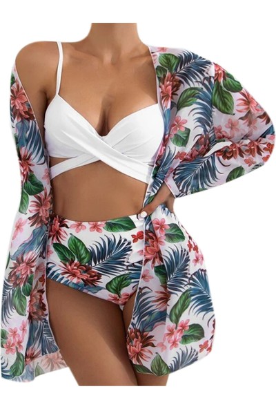 Bilu Çiçek Desenli Çapraz Detaylı Pareolu Bikini Takımı - Beyaz (Yurt Dışından)