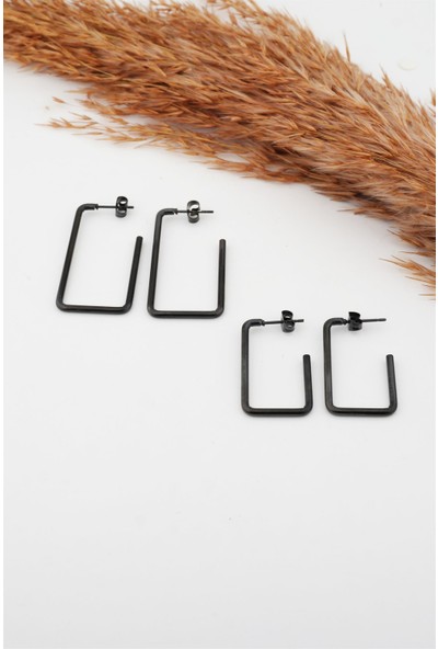 Kadın Çelik Basic Geometrik Dikdörtgen Model 2 Boy 4'lü Küpe Seti