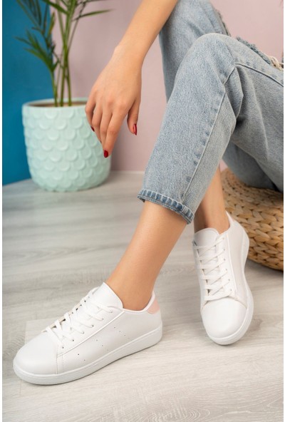 Bağcıklı Beyaz Arkası Pudra Garnili Kadın Spor Ayakkabı