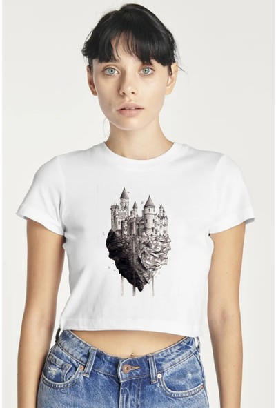 Karya Butik Uçan Şehir Baskılı Kadın Crop T-Shirt