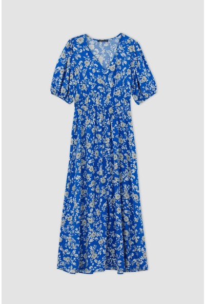 DeFacto A Kesim V Yaka Çiçek Desenli Balon Kollu Maxi Elbise Y1615AZ22SM