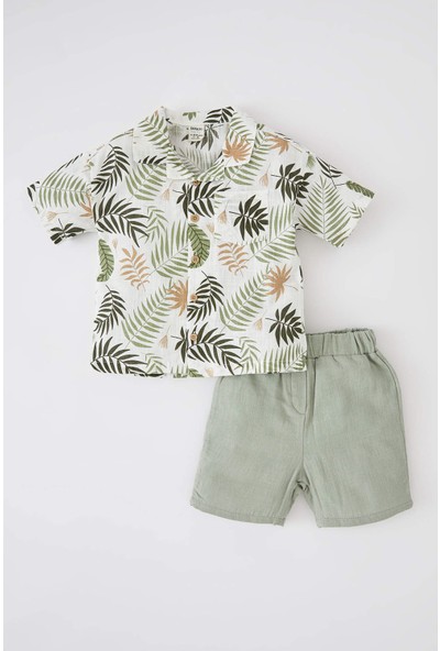 DeFacto Erkek Bebek Regular Fit Floral Desenli Kısa Kollu Gömlek Şort Takım Y5644A222SM