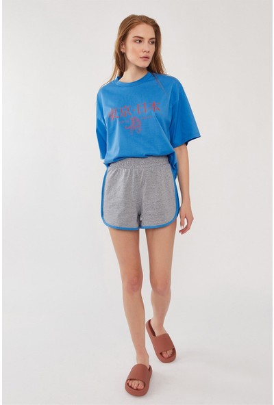 Nalu Mavi Yan Panel Detaylı Mini Spor Şort