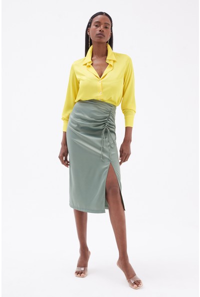 Sateen Büzgü Detaylı Saten Etek - Çağla Yeşili