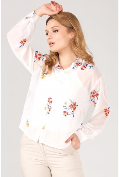 Kadın Işlemeli Şifon Gömlek Ekru