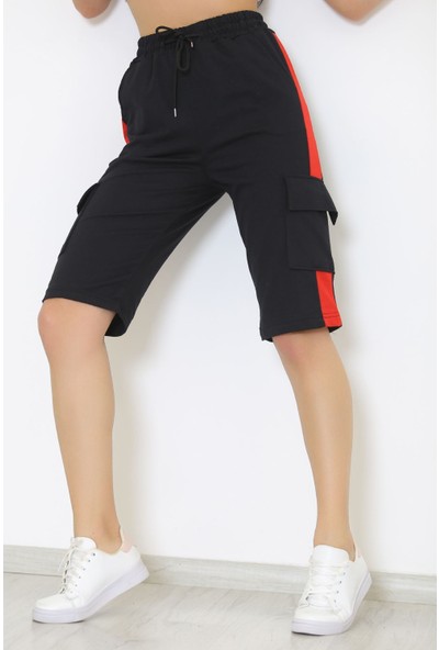 Yan Şeritli Kapri Şort Siyahkırmızı - 9449.1250.