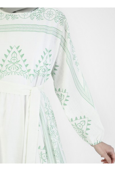 Etnik Desen Geniş Etekli Elbise - Yeşil Bordür Desenli - Refka Casual