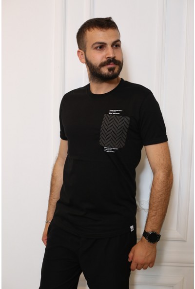 Anlaşspor Siyah Baskılı Kısa Kol Bisiklet Yaka Slim T-Shirt 8097-01