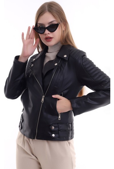 Yan Apoletli Kadın Deri Ceket Mont Siyah DCS7505S