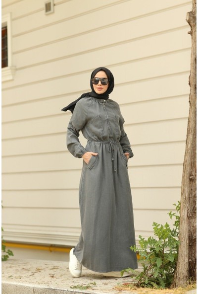 Neways Reglan Kollu Cepli Gri Elbise Neways 6501