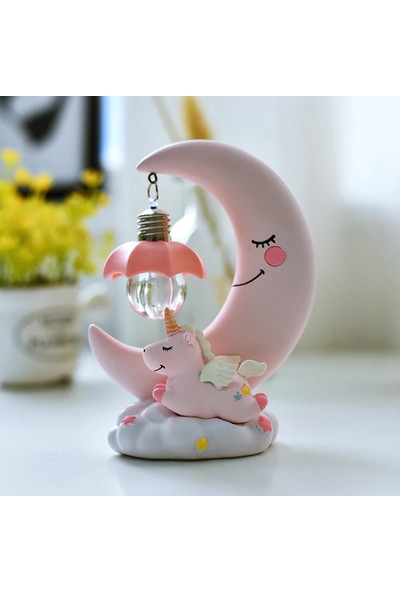 Hediyesahibi Dekoratif Ay Dede ve Minik Unicorn Temalı Masa Lambası ve Biblo Hediyesahibi Dekoratif Ay Dede ve Minik Unicorn Temalı Masa Lambası ve Biblo