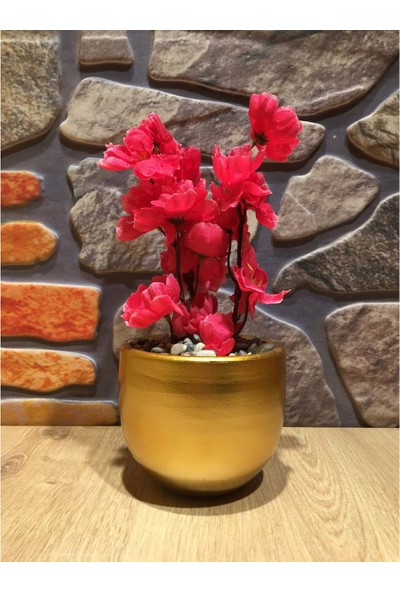 Süs Ağacı Altın Saksıda Bahar Dalı - Fuşya