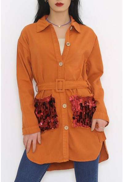 Yasfa Pul Detaylı Kemerli Ceket Kiremit - 2051.1367. Yasfa Pul Detaylı Kemerli Ceket Kiremit - 2051.1367.