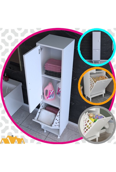 Alkur Alaçatı 35X160 cm Çamaşır Sepetli Dolap, Banyo Düzenleyici Detarjan Temizlik Havlu Dolabı