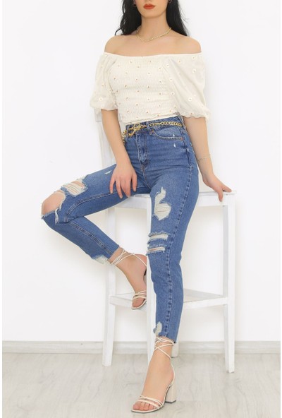 Yasfa Papatya Nakışlı Bluz Ekru - 2021.155. Yasfa Papatya Nakışlı Bluz Ekru - 2021.155.