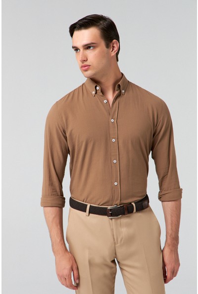 D'S Damat Slim Fit Kahve Keten Görünümlü Gömlek