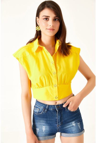 Oshebu Kadın Sıfır Kol Crop Poplin Gömlek