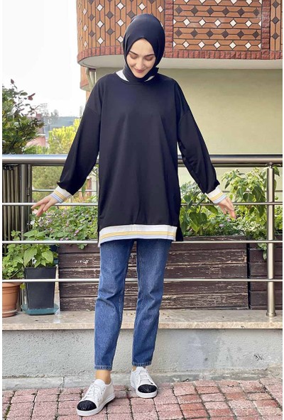 Sinelay Moda Çizgi Ribana Çizgili Sweat Siyah