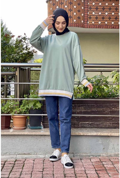 Sinelay Moda Çizgi Ribana Çizgili Sweat Mint