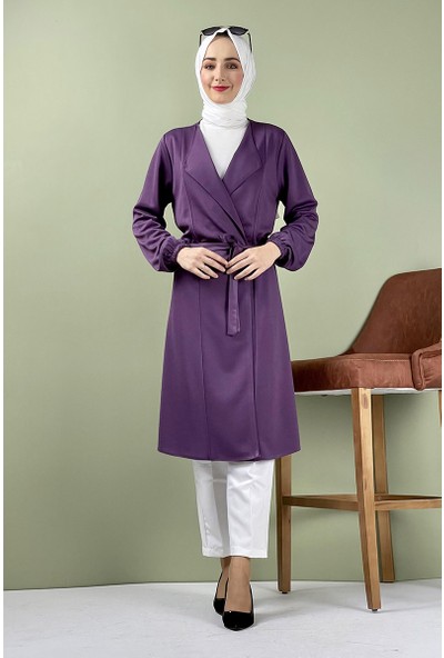 Sinelay Moda Çizgi Kuşak Detaylı Kimono Mor