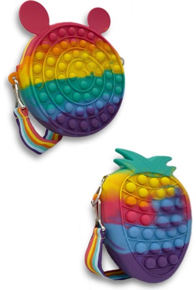 Pop It Push Bubble Ip Askılı Kulaklı Çanta ve Çilek Çanta Ikili Popit Set