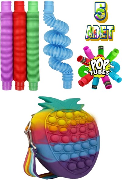 Popit Ip Askılı Çilek Çanta ve 5 Adet Pop Tubes Eğitici Oyuncak Set Popit Ip Askılı Çilek Çanta ve 5 Adet Pop Tubes Eğitici Oyuncak Set