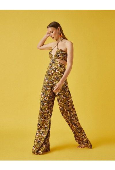 Koton Ece Sükan x Koton - Boyundan Bağlamalı Pencere Detaylı Desenli Tulum