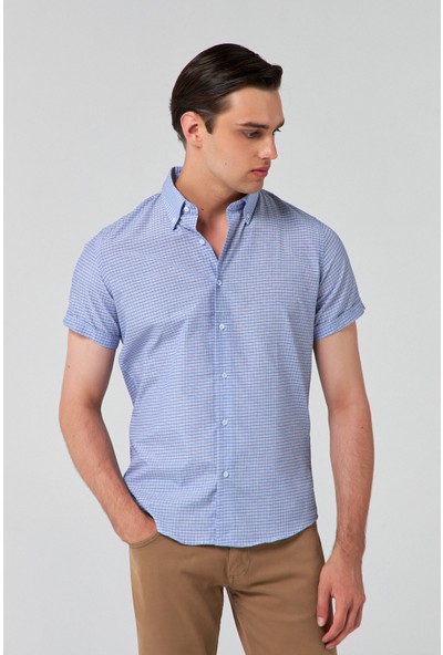 Ds Damat Slim Fit Mavi Ekoseli Gömlek