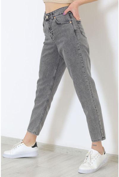 Karazona Kadın Yüksek Bel Kot Pantolon Füme KZDN1631