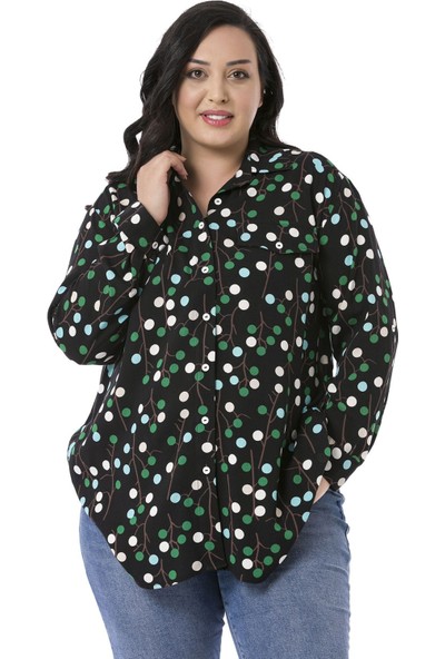 Disentis Modest Büyük Beden Katlamalı Kollu Sahte Cep Kapaklı Desenli Siyah Kadın Gömlek