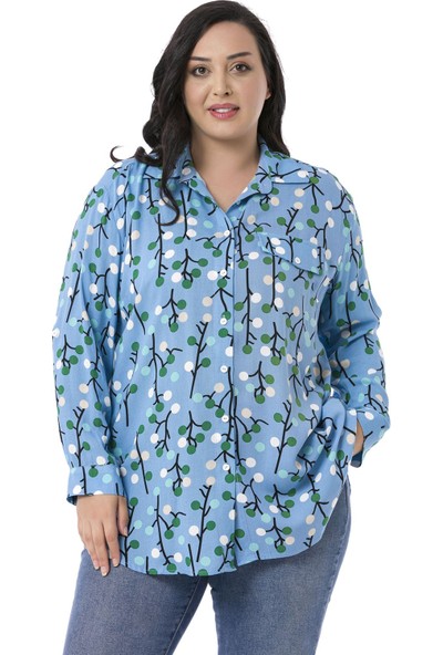 Disentis Modest Büyük Beden Katlamalı Kollu Sahte Cep Kapaklı Desenli Mavi Kadın Gömlek
