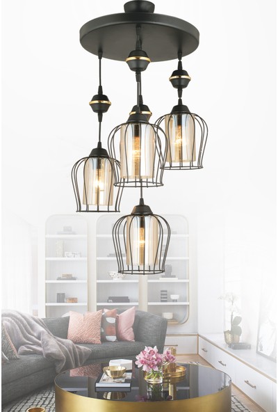 Kardelen Avize Paraşüt Sarkıt Siyah 4'lü Modern Aşağı Bakan Avize