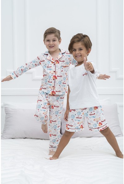 For You Kids 4 Lü Siyah Biyeli Uçak Desen Pijama Takımı