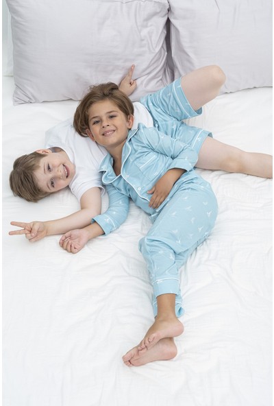 For You Kids 4 Lü Beyaz Biyeli Yelkenli Desen Pijama Takımı