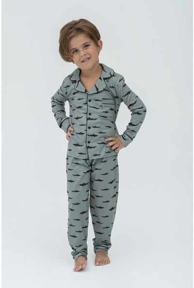 For You Kids 4 Lü Siyah Biyeli Köpek Balığı Desen Pijama Takımı