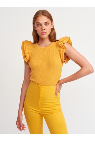 10221 Kolu Fırfırlı Triko Bluz-Kavuniçi 10221 Kolu Fırfırlı Triko Bluz-Kavuniçi