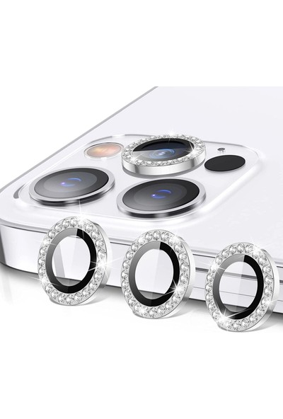 Hyperage iPhone 13 Pro Max Kamera Koruyucu Swarovski Taşlı Diamond Tasarım 9h Darbe & Çizilmeye Dayanıklı [3'lü Set] - Gümüş