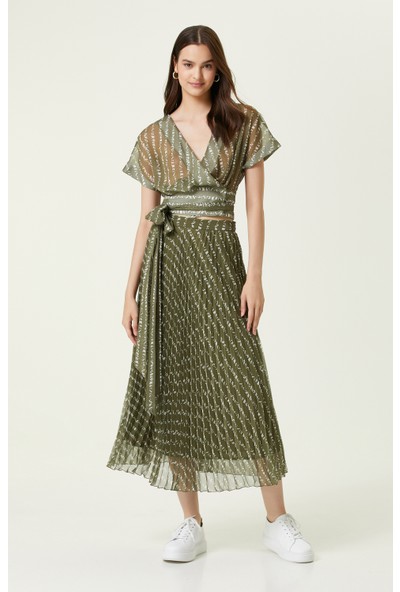 Network Haki Desenli Pilili Midi Etek