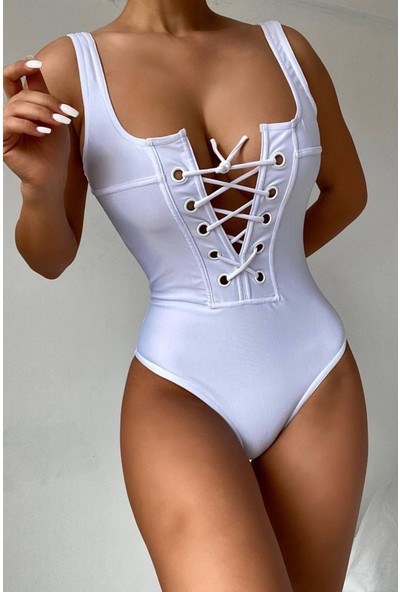 BMD High Cut Bağcıklı Fit Kesim Mayokini - Beyaz