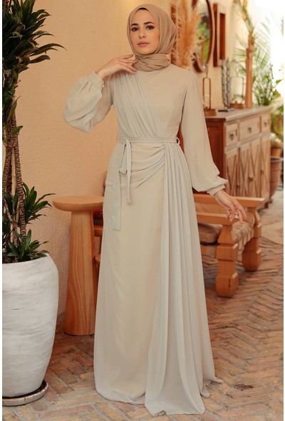 Tesettür Abiye Elbise - Drape Detaylı Bej Tesettür Abiye Elbise 5711BEJ Tesettür Abiye Elbise - Drape Detaylı Bej Tesettür Abiye Elbise 5711BEJ