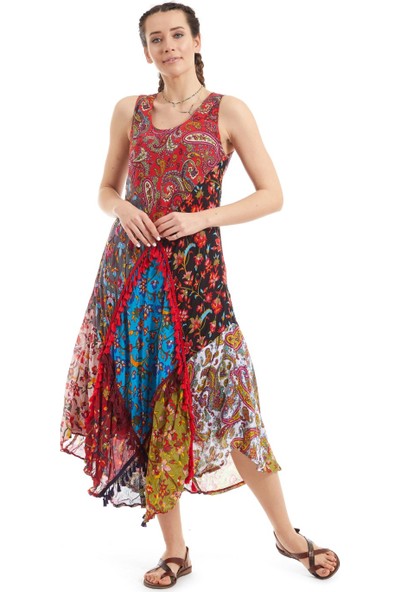 Newbutix Şile Bezi Kırmızı Patchwork Elbise