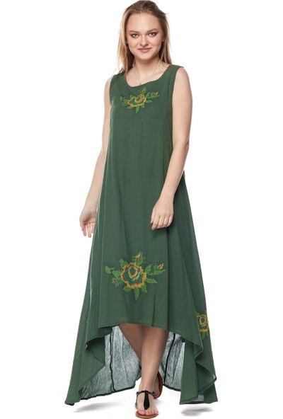 Newbutix Şile Bezi Yeşil Kolsuz Gül Desenli Elbise