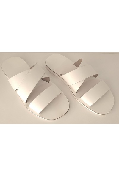 El Yapımı Deri Beyaz Erkek Sandalet Terlik