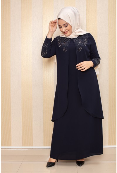 Moda Çizgi Taş Işlemeli Tesettür Elbise Lacivert