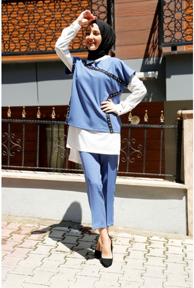 Moda Çizgi Zımba Detaylı 3lü Takım Indigo