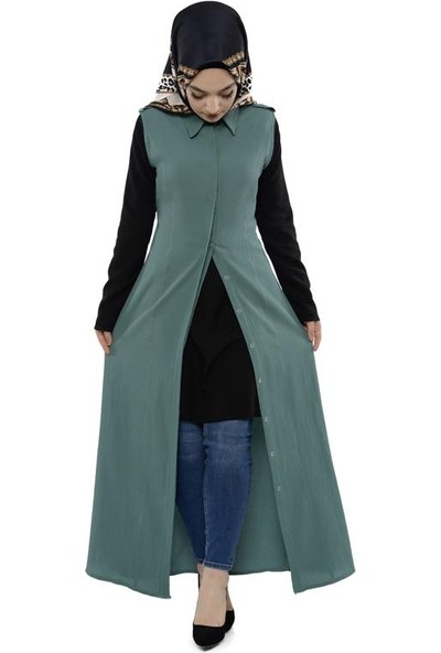 Moda Çizgi Gömlek Yakalı Yelek Çağla Yeşili