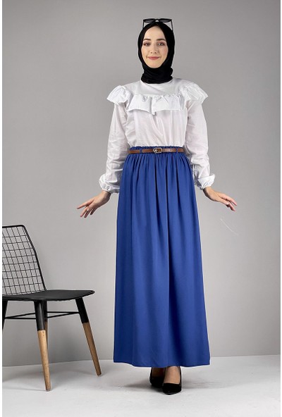 Moda Çizgi Kemerli Etek Petrol