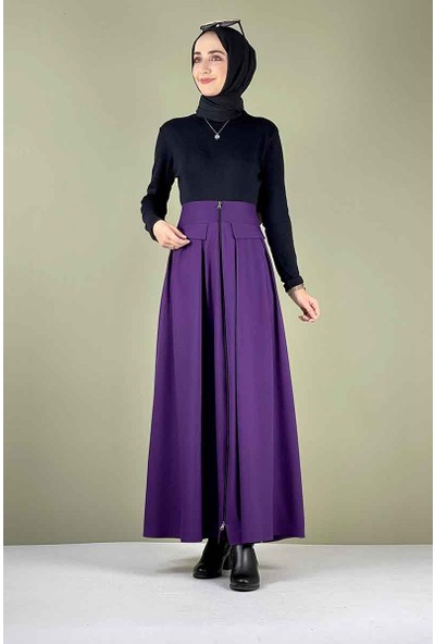 Moda Çizgi Önü Fermuarlı Etek Mor Moda Çizgi Önü Fermuarlı Etek Mor